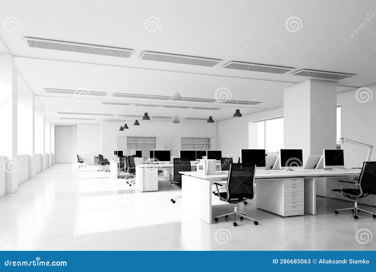 White Open Space Office Interior with Blank Wall Stock Image - Image of ...