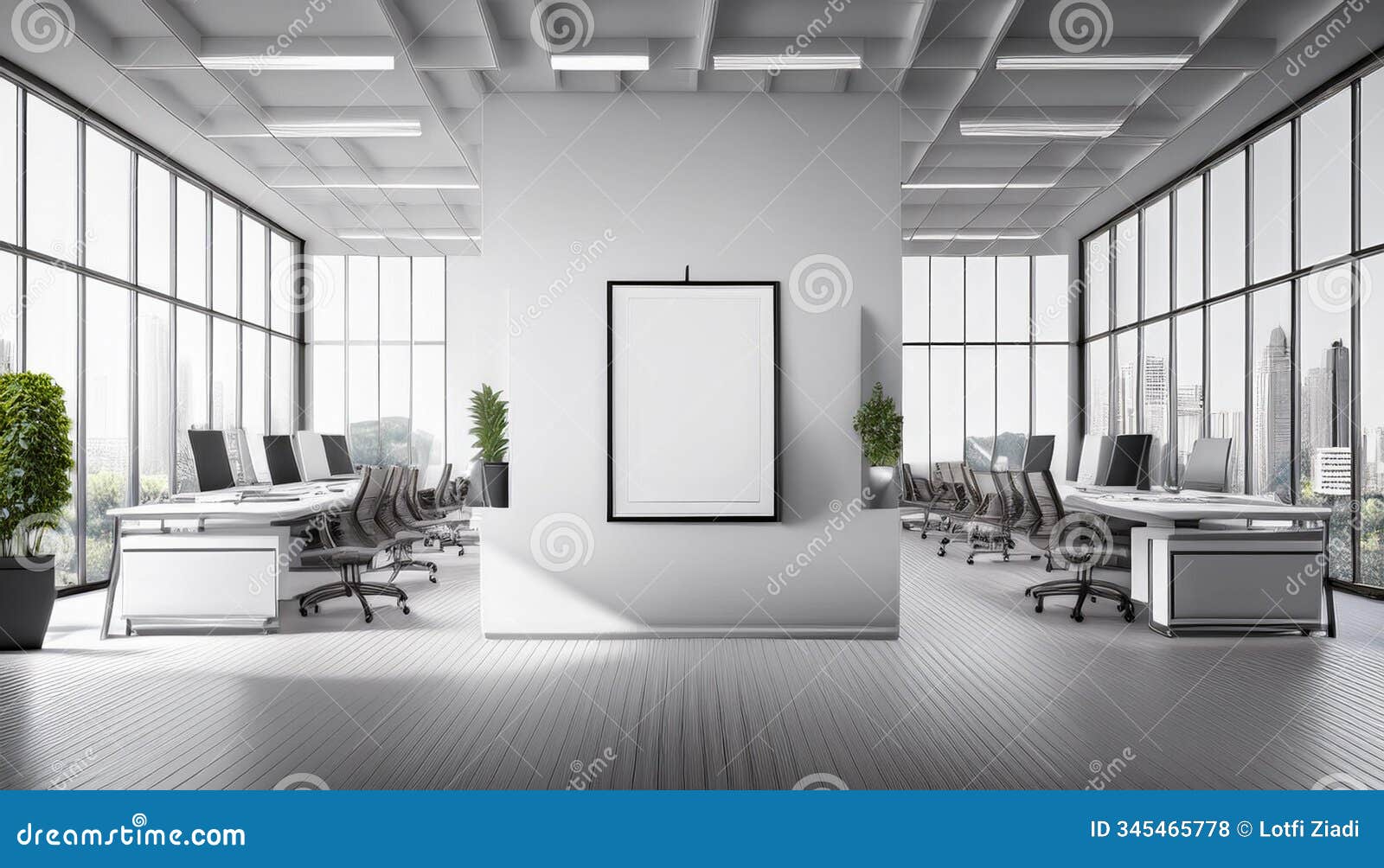 White Open Space Office Interior with Poster Stock Illustration ...