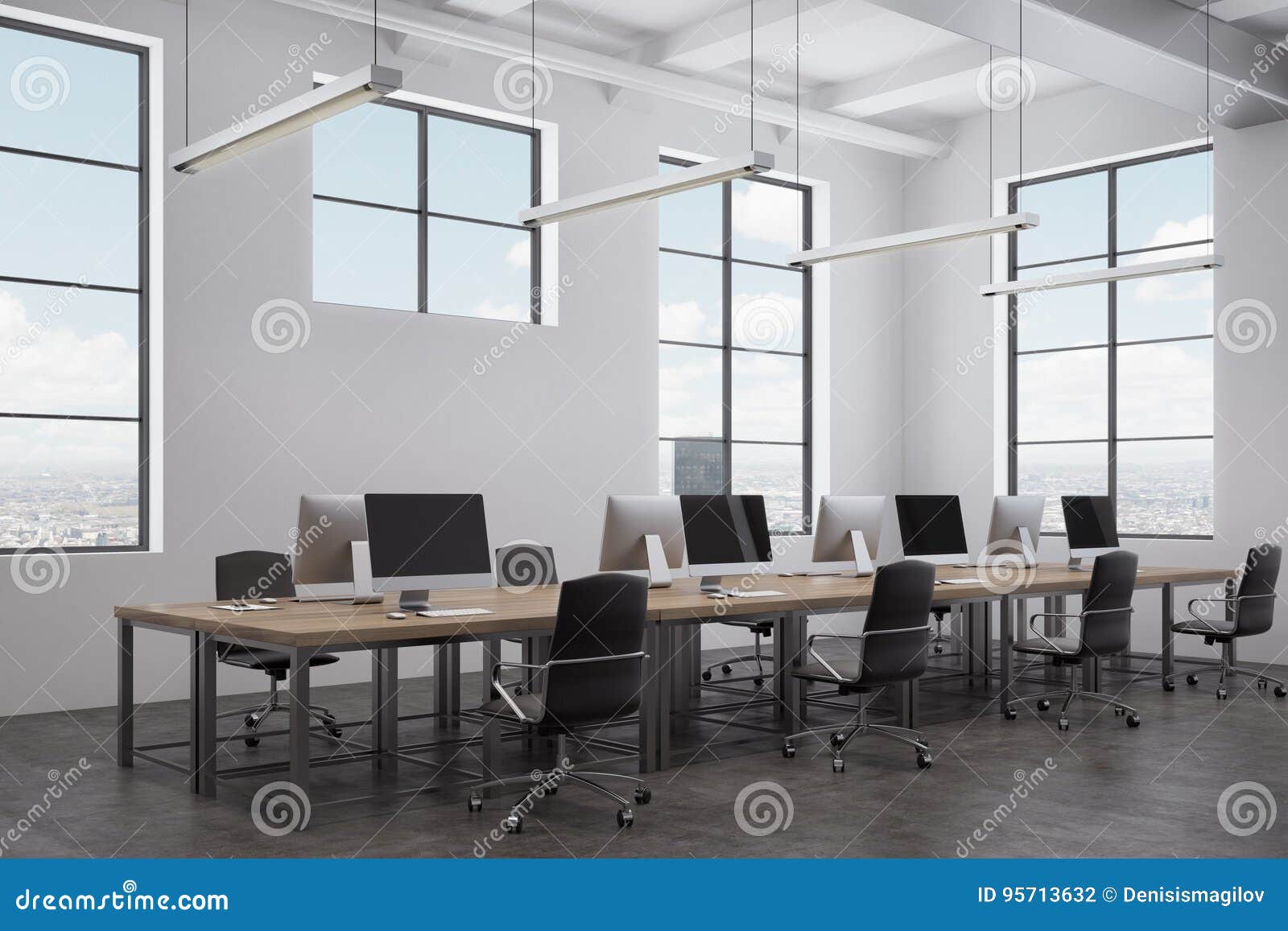 White Open Space Office Interior, Side View Stock Illustration ...