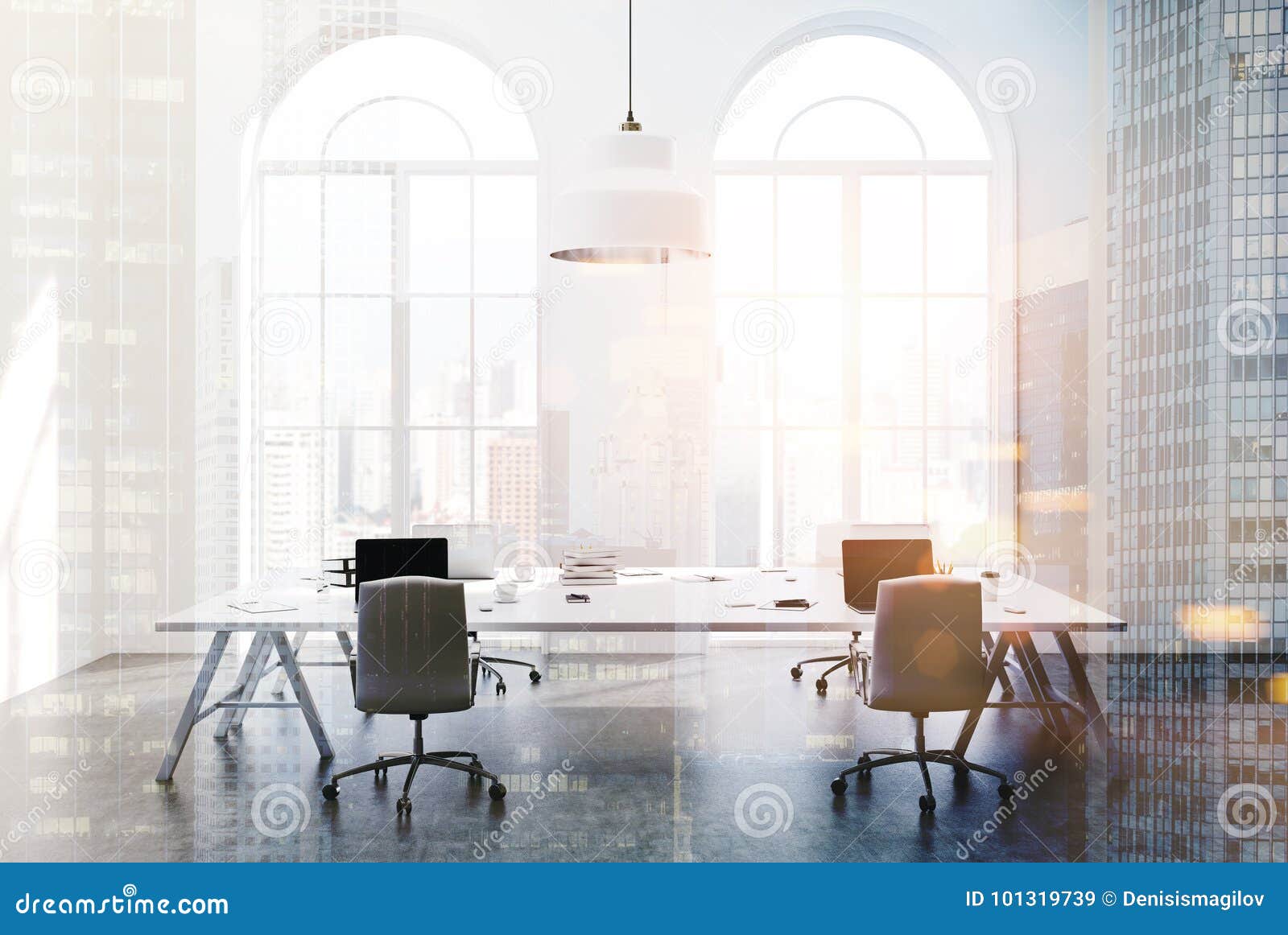 White Open Space Office, Side View, Double Stock Illustration ...