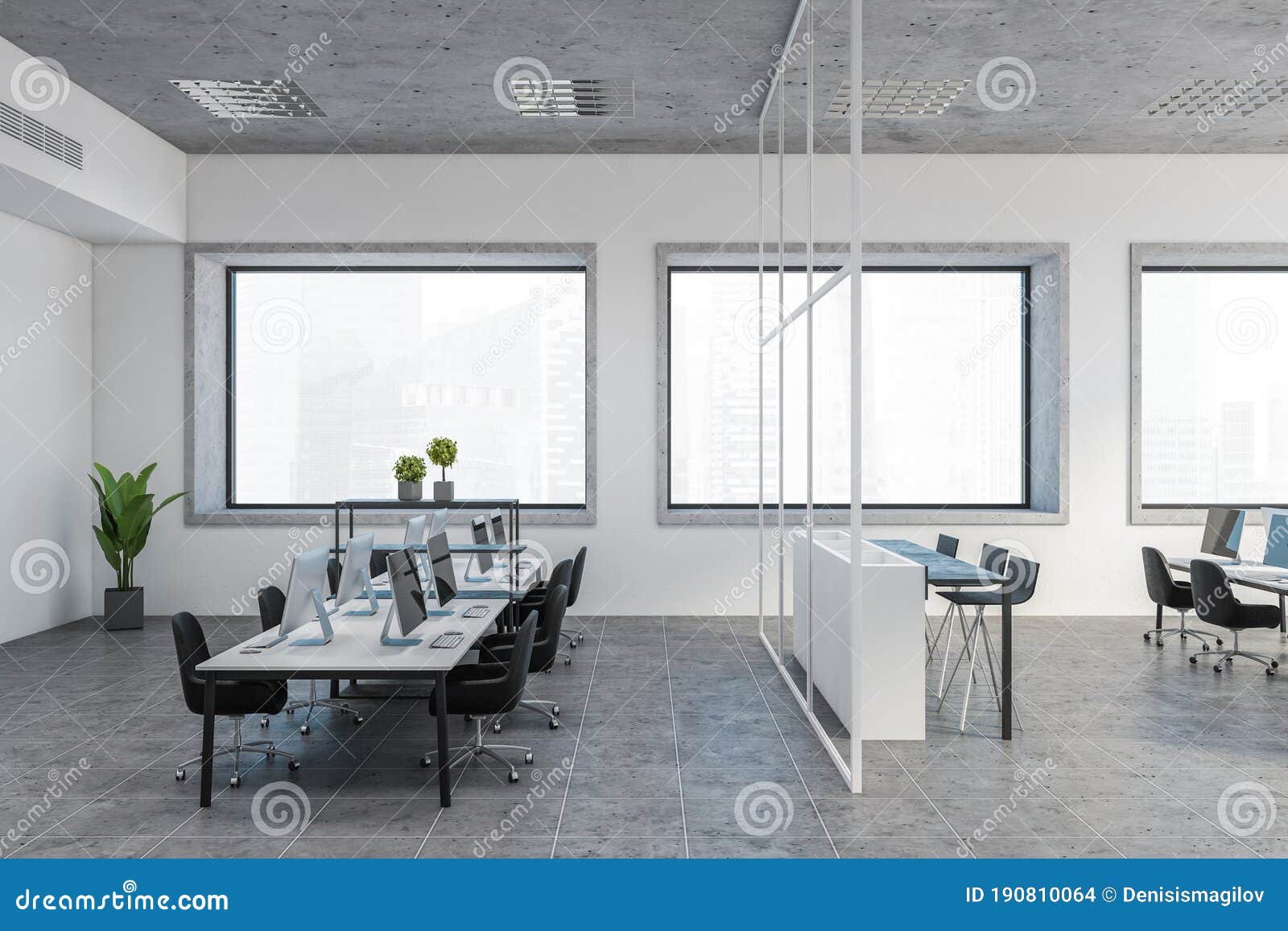 White Open Space Office with Tables, Side View Stock Illustration ...