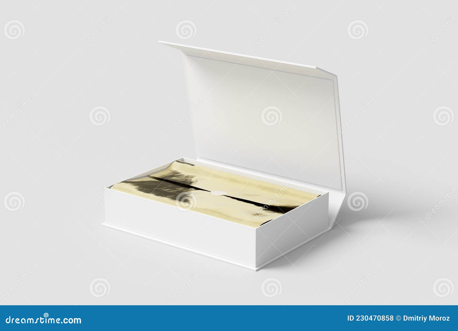 White Opened Rectangle Folding Gift Box Mock Up with Gold Wrapping ...