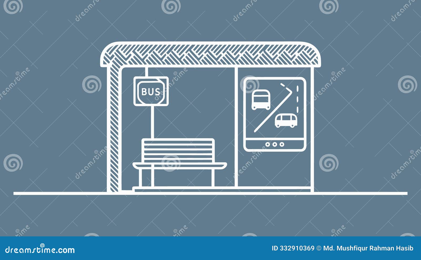 White Outline Illustration of Bus Stop with Bench Isolated on Solid ...