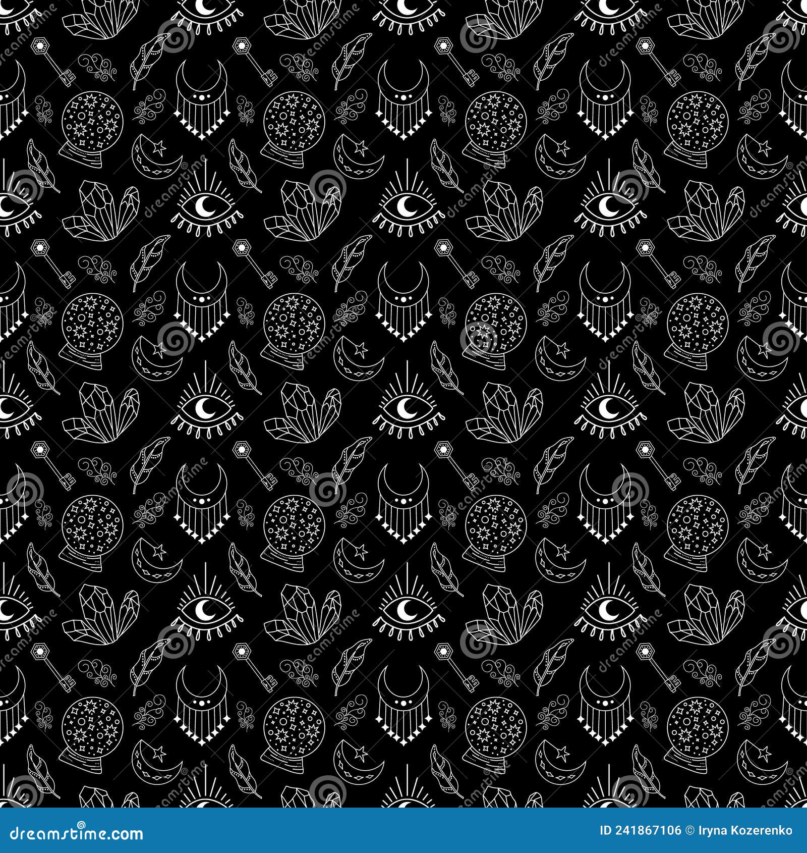 White Outline Magic Seamless Pattern On Black Background. Vector ...