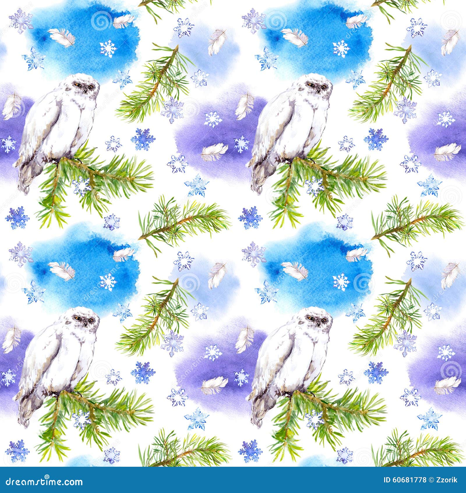 White Owl Bird and Snow. Repeating Winter Pattern, Watercolour Stock ...