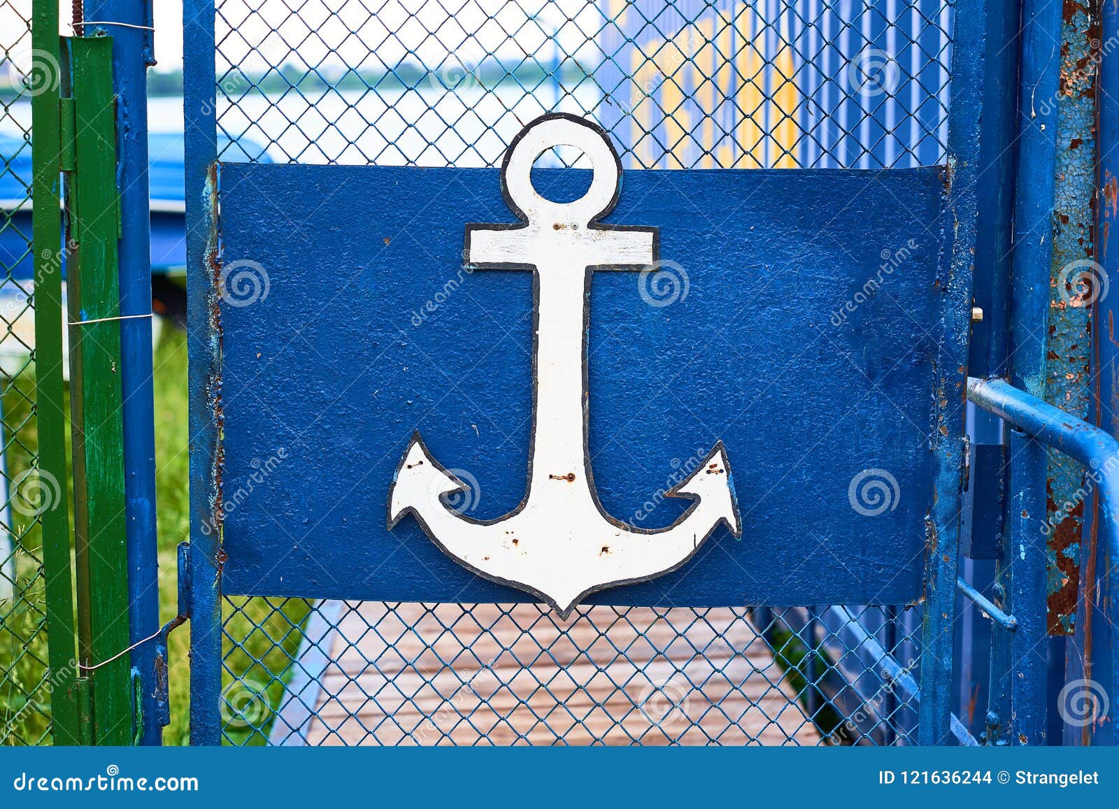 White Painted Anchor Sign on Blue Door. Stock Photo - Image of sign ...