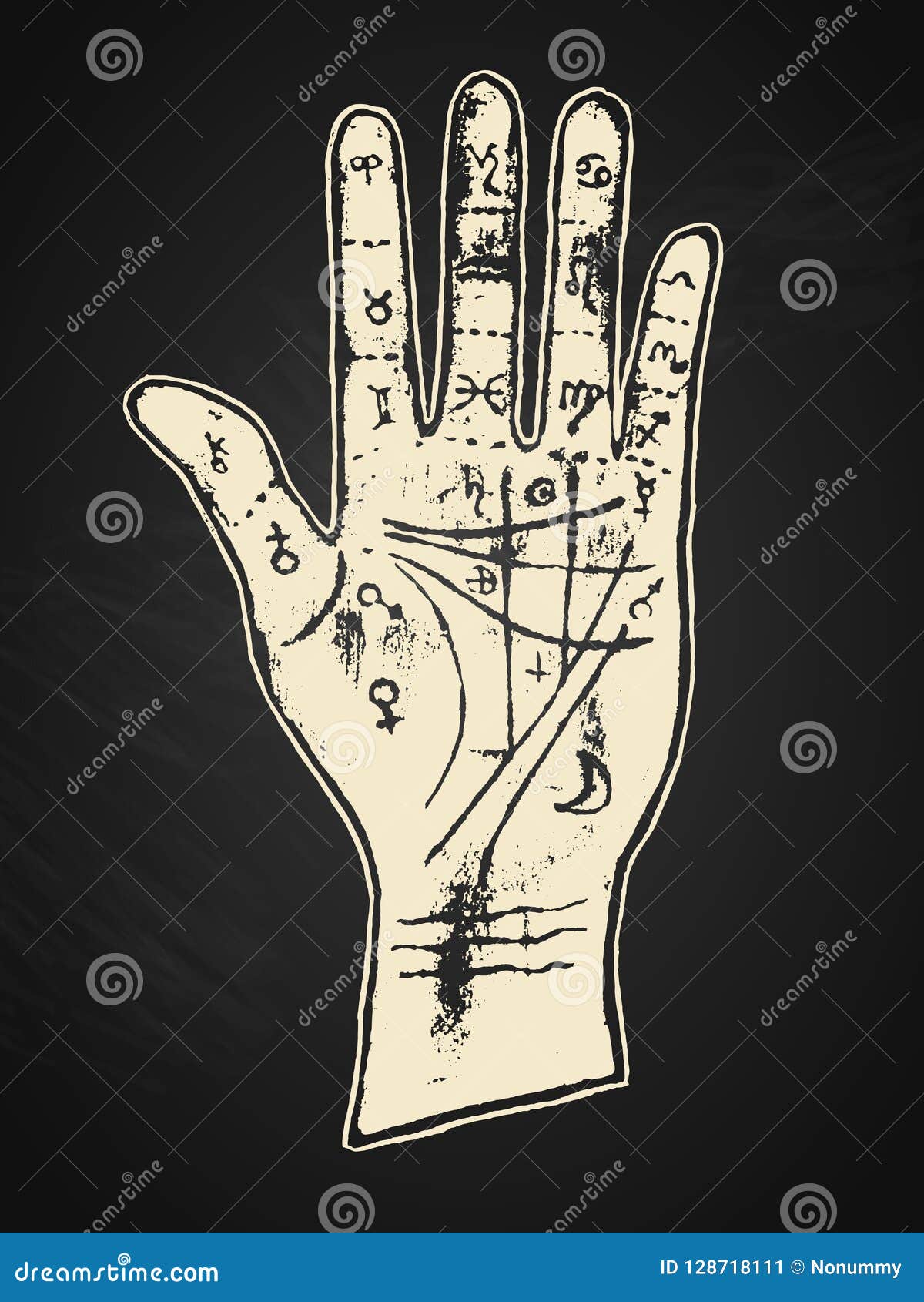 Palmistry Of The Hand, Black And White Drawing In A Circle On A Black ...
