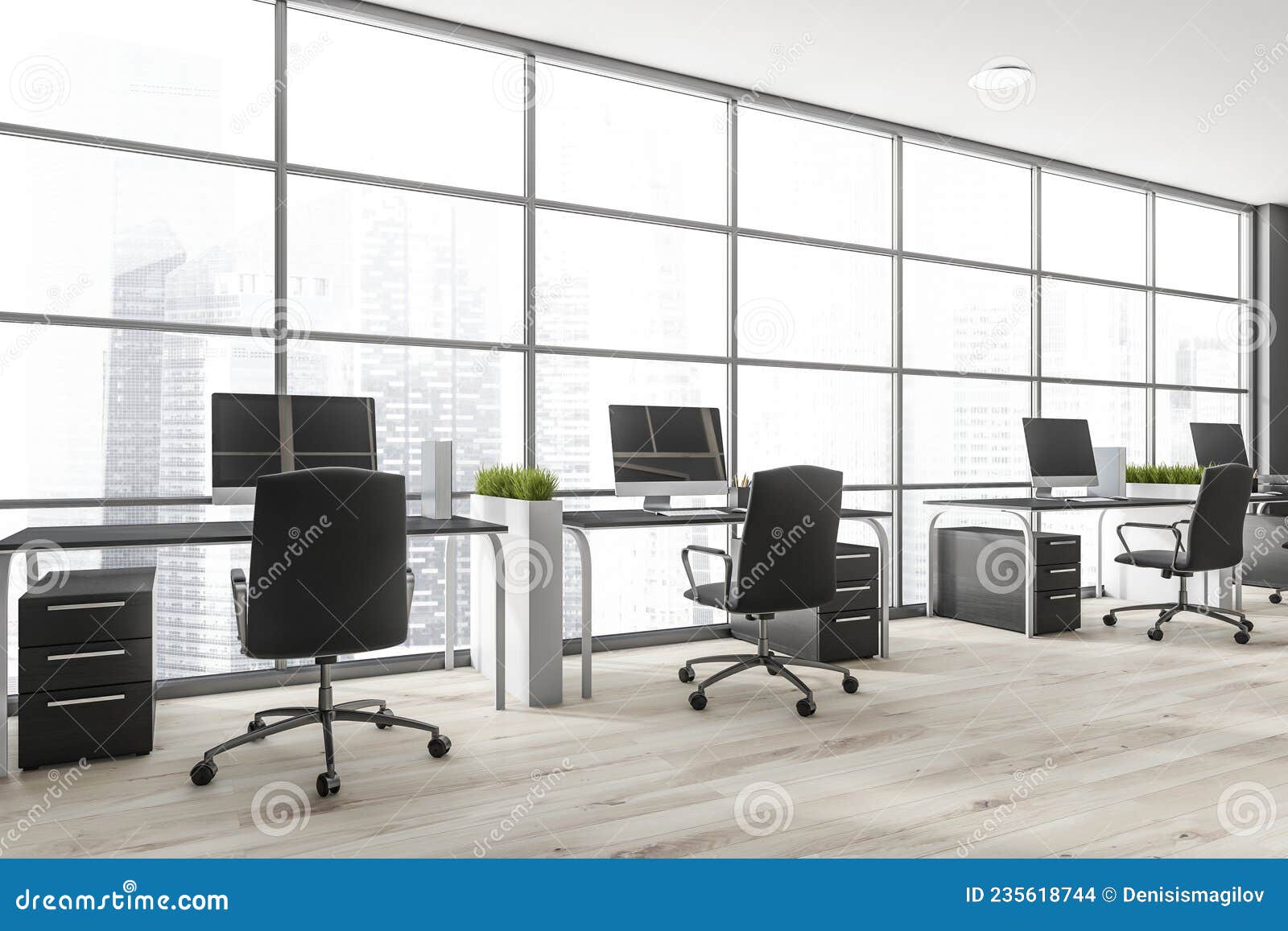White Panoramic Open Space Office Stock Illustration - Illustration of ...