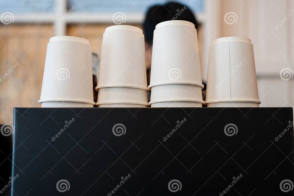 White Paper Coffee Cup Stacking Above Coffee Machine Stock Image ...