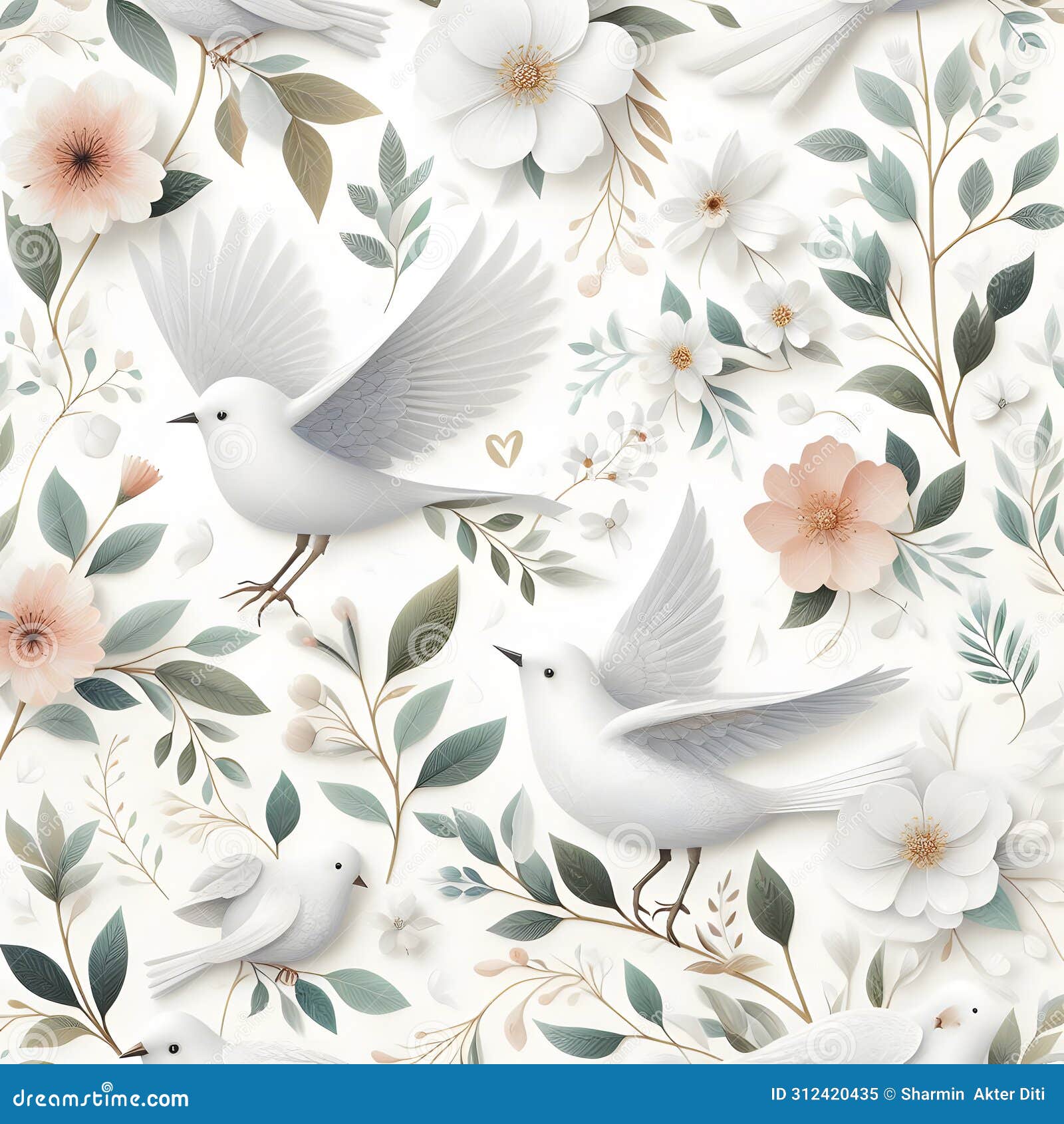 White Paper Doves and Flowers on White Background. Flat Lay, Top View ...