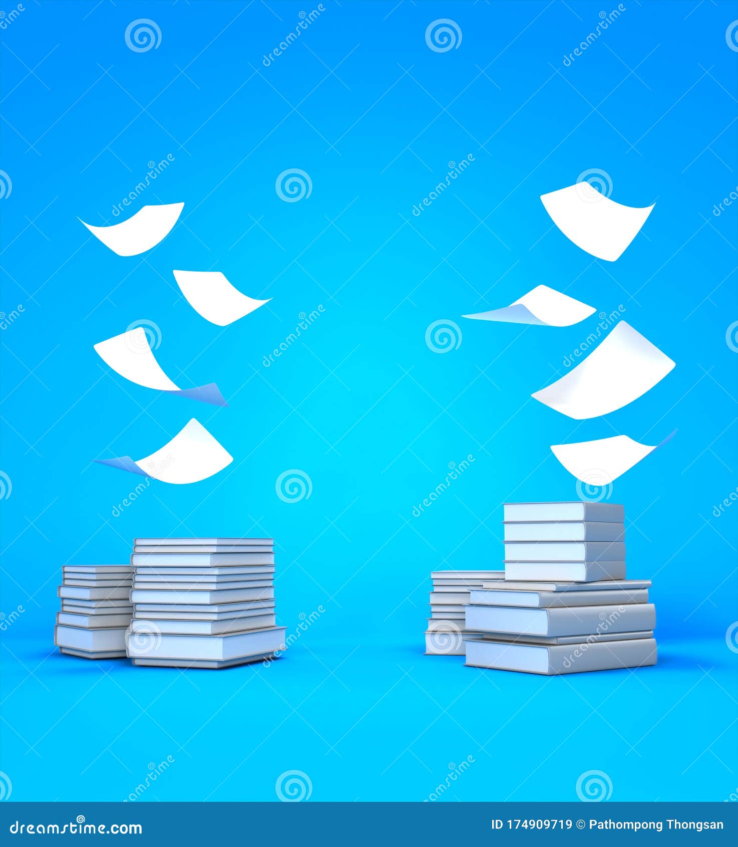 The White Paper Falling Onto the Stack of Books with Blue Background ...