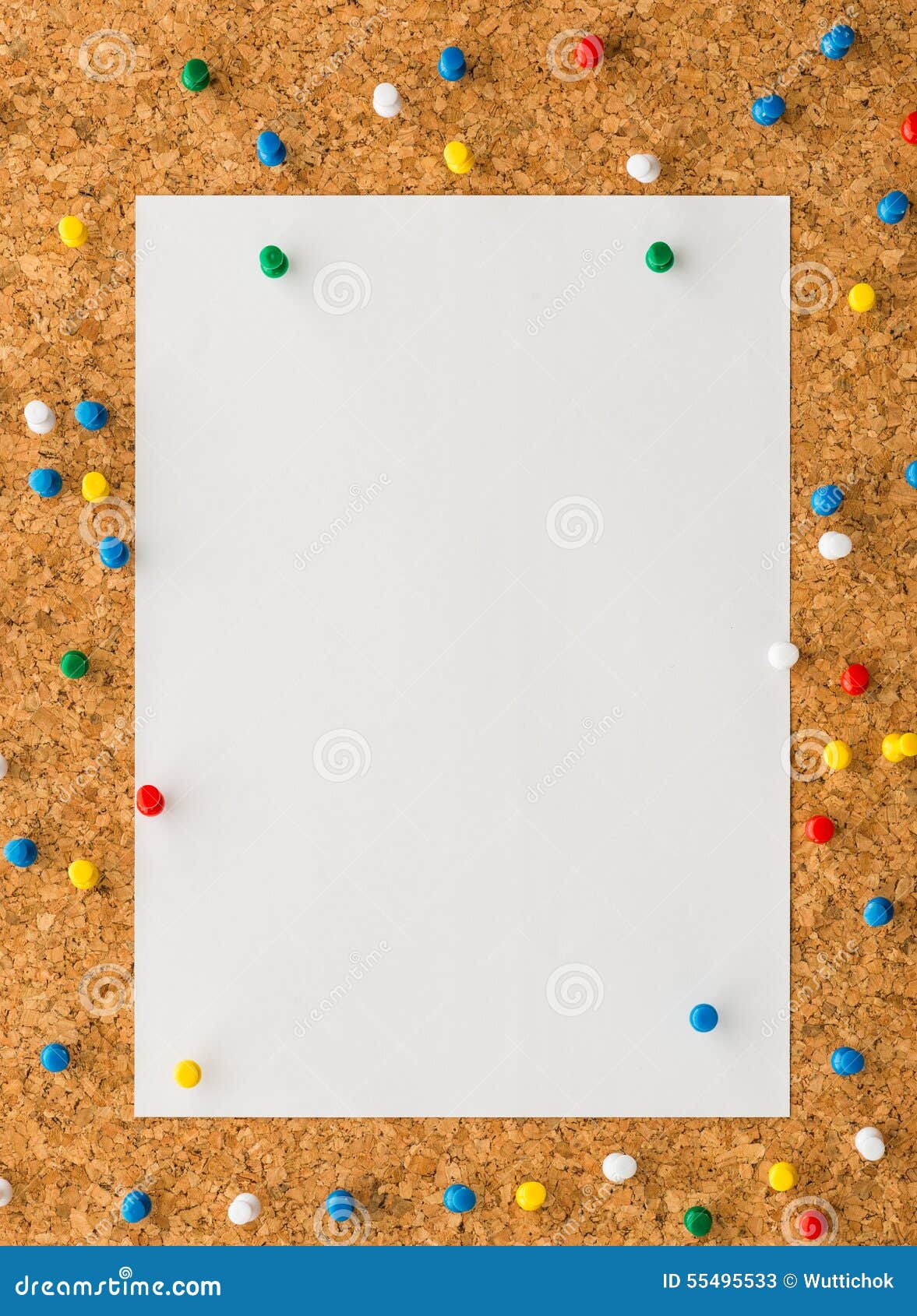 White Paper Note Sheet With Multicolored Push Pin On Cork Board Stock
