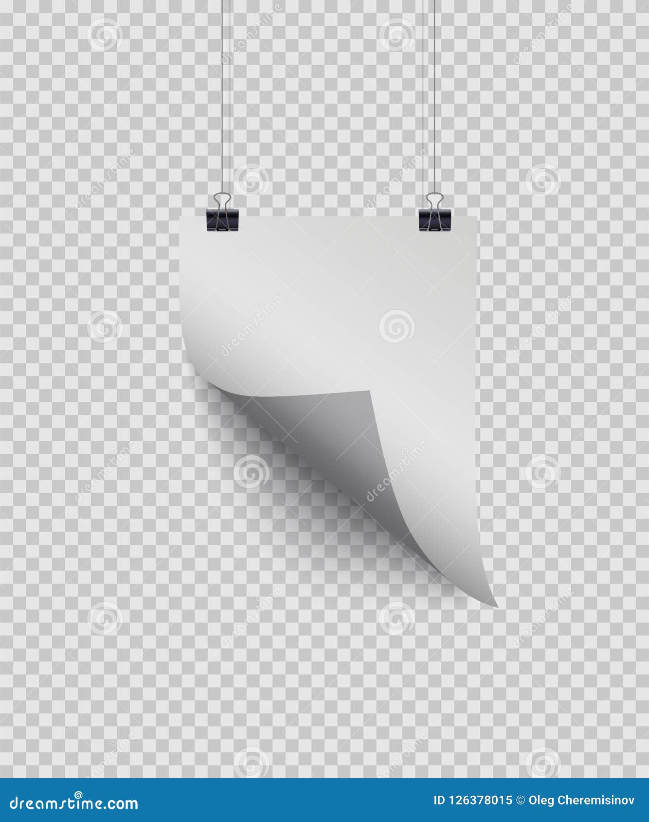 White Paper Sheet with Curved Edge Hanging on Paper Clips Isolated on ...
