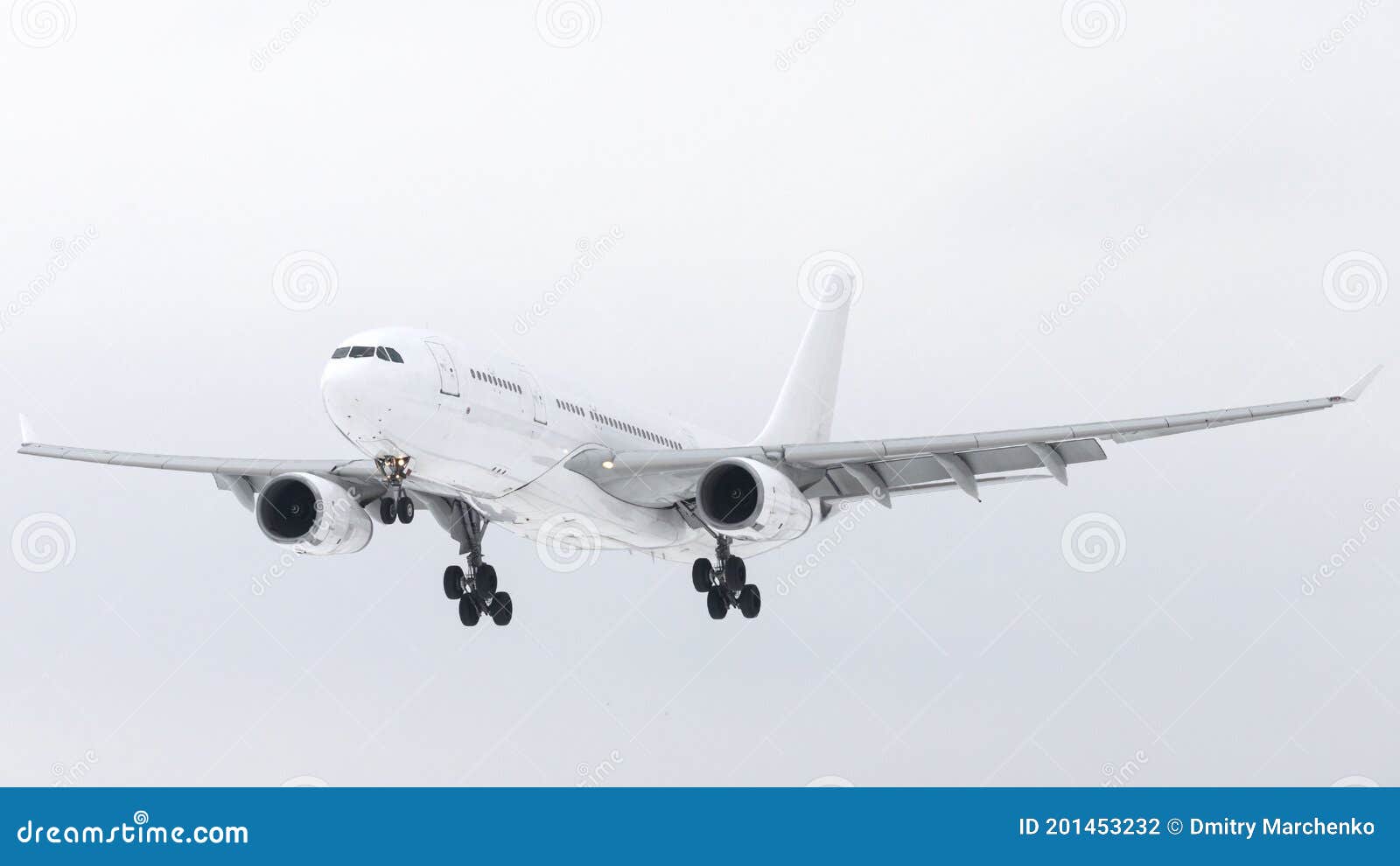 White Passenger Airliner with Chassis in the Sky, Side View, Landing ...
