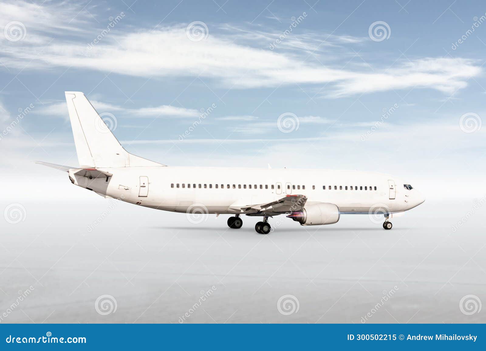 White Passenger Jetliner Isolated on Bright Background with Sky Stock ...