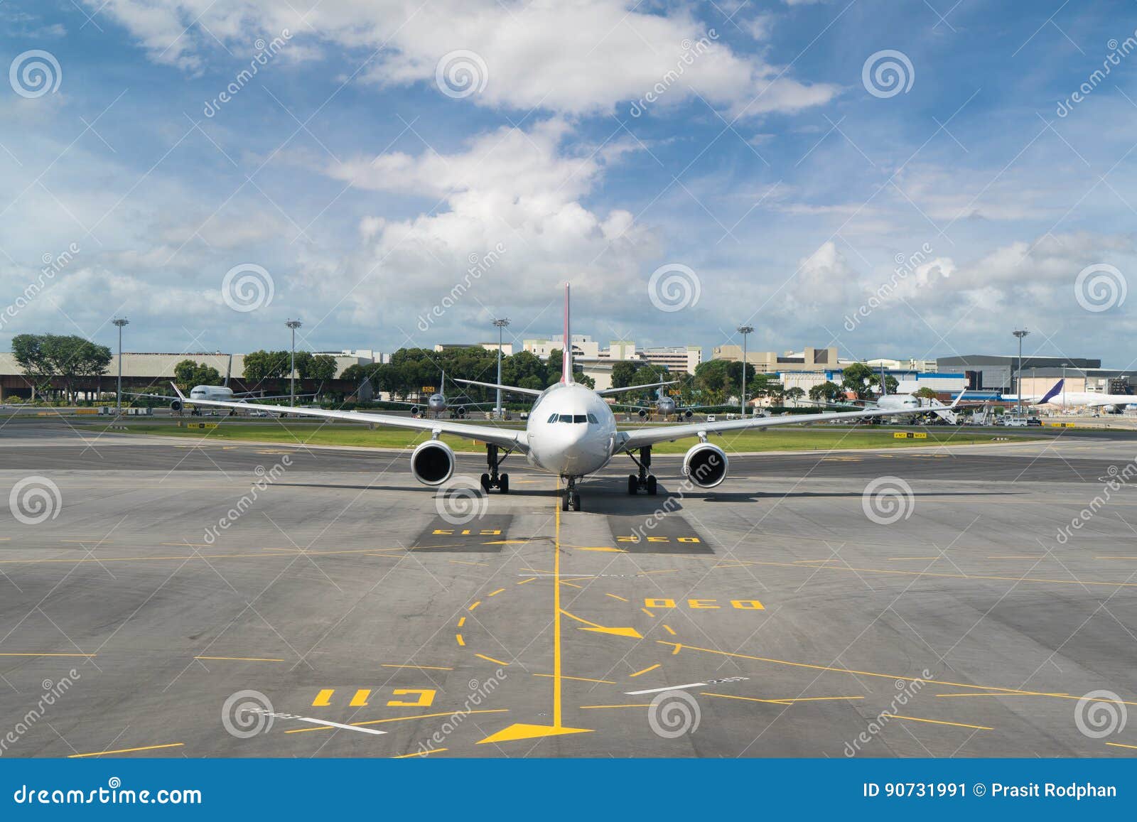 White Passenger Plane Takes Off from the Airport Runway. Airplane Front ...