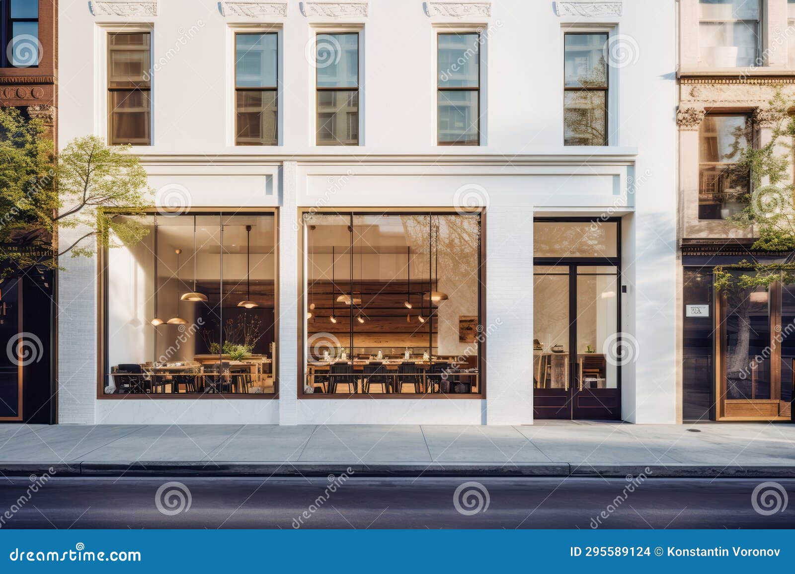 White Pastry Shop Cafe Facade with Large Window Showcasing Interior ...