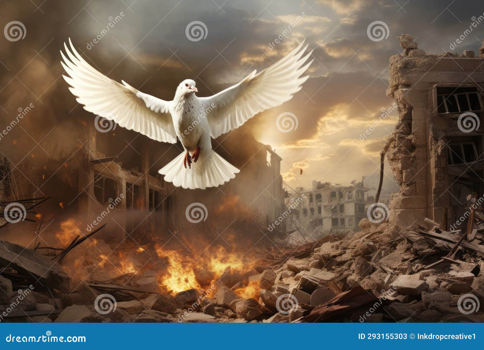 A White Peace Dove Flying through a City War Zone during a Conflict ...