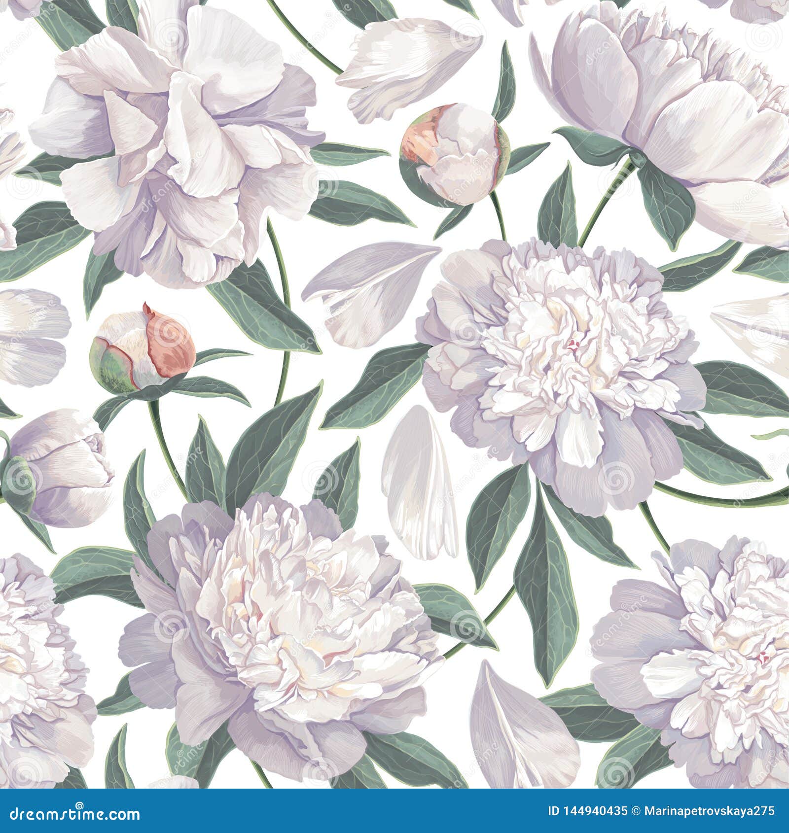 Floral Seamless Pattern with White Peonies. Spring Flowers Background ...