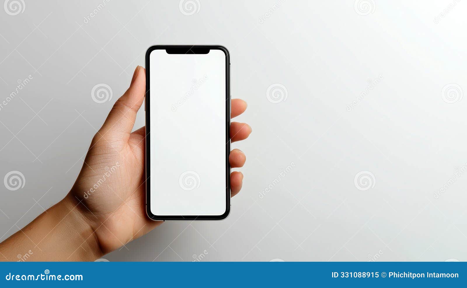 White Phone Screen. Hand Holding Smartphone Mockup with Blank White ...