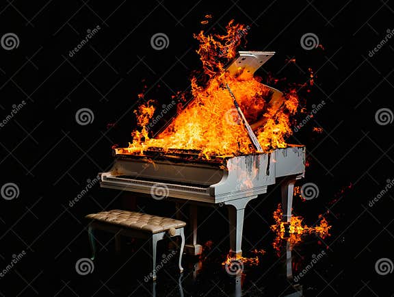 A White Piano on Fire with a Bench in Front of it Stock Photo - Image ...