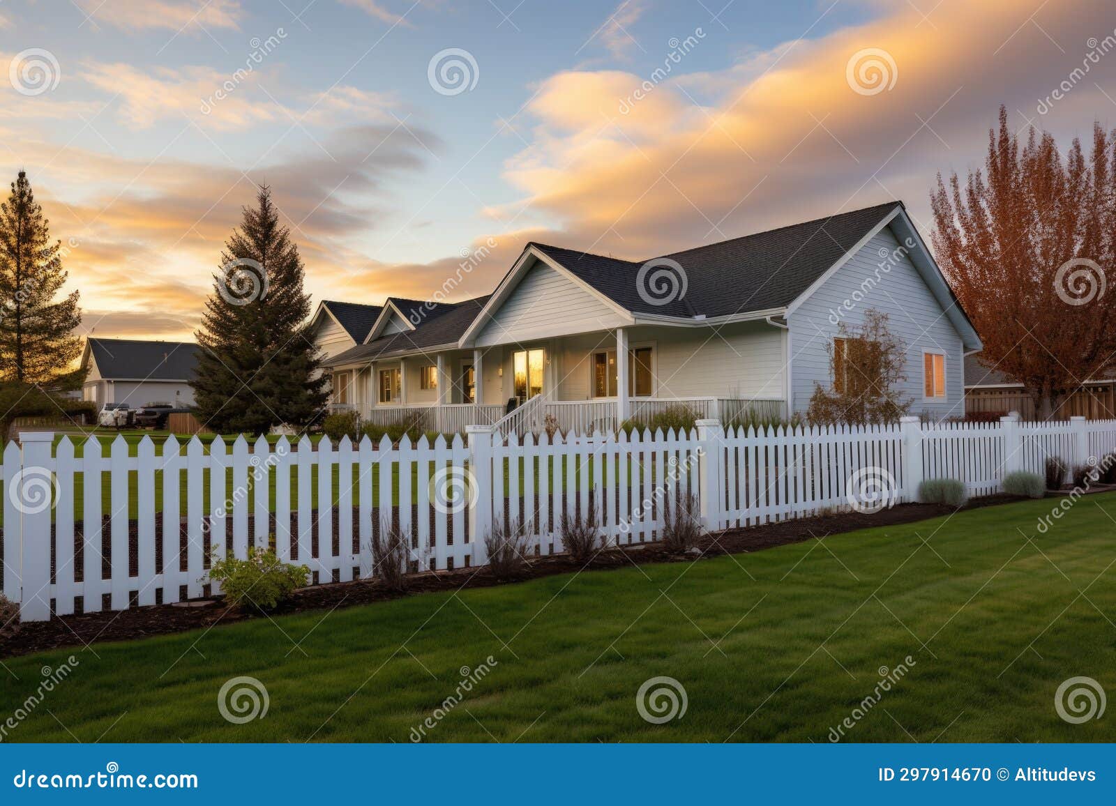 White Picket Fence Surrounding the Raised Ranch Stock Photo - Image of ...