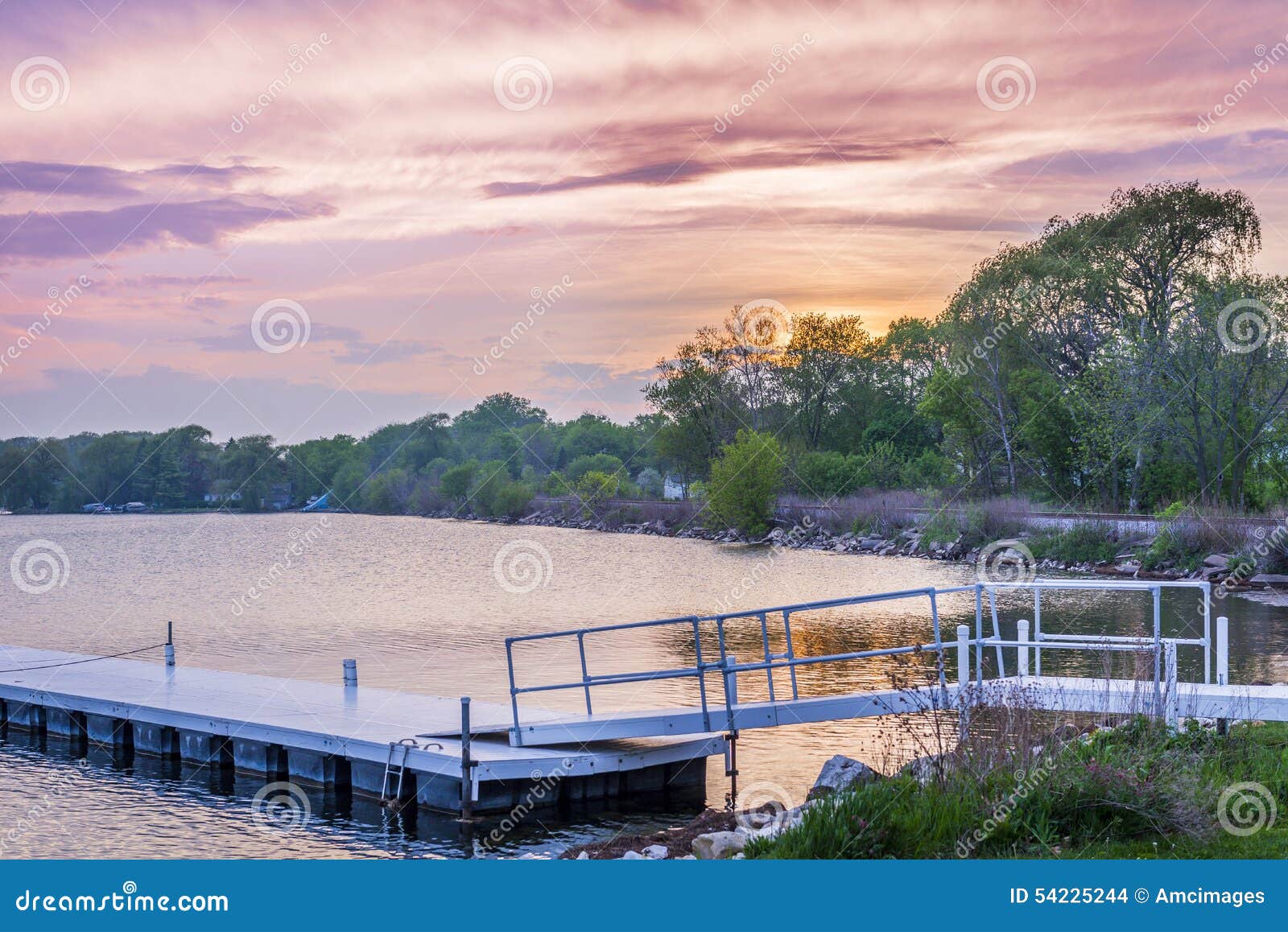 White Pier at Sunset on Lake in WI Stock Photo - Image of colorful ...