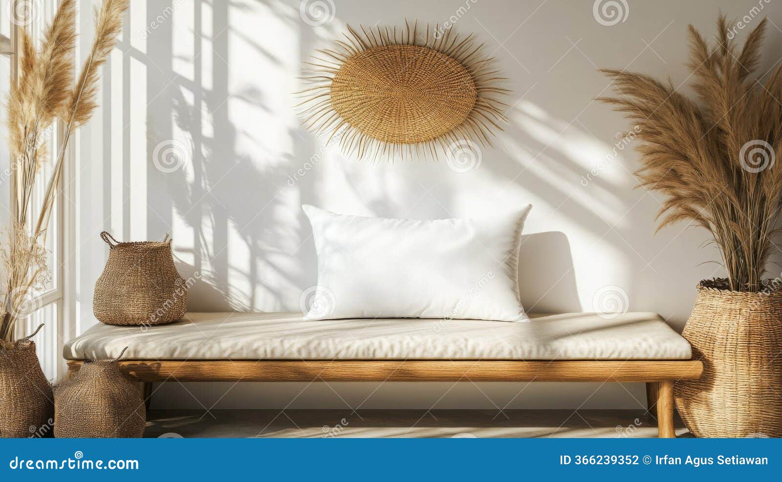 Beige Bench With Pillows At Marble Console Table Against Paneling Wall ...