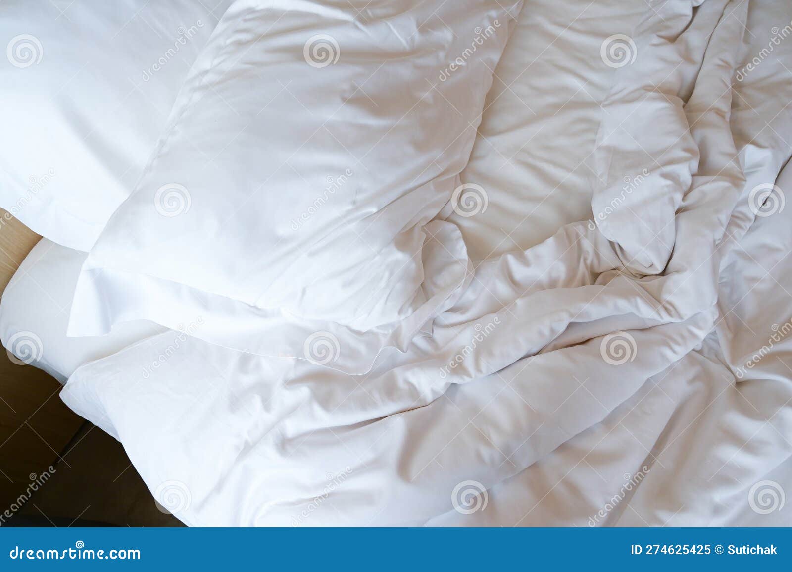 White Pillows on Crumpled Bed Stock Image - Image of blanket, house ...