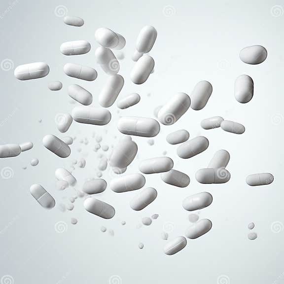 White Pills and Capsules Falling on White Surface with Various Shapes ...