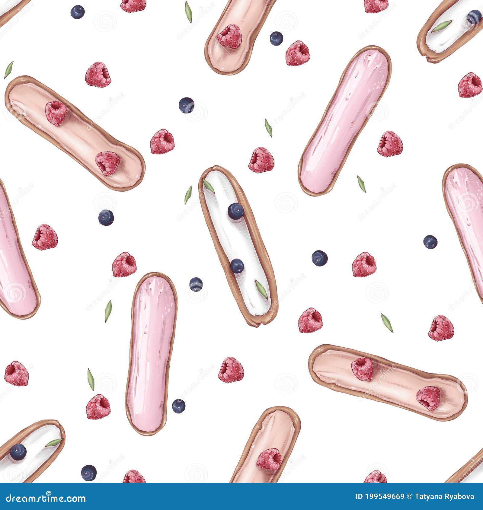 White And Pink Berry Eclairs Pattern With Blueberry And Raspberry ...