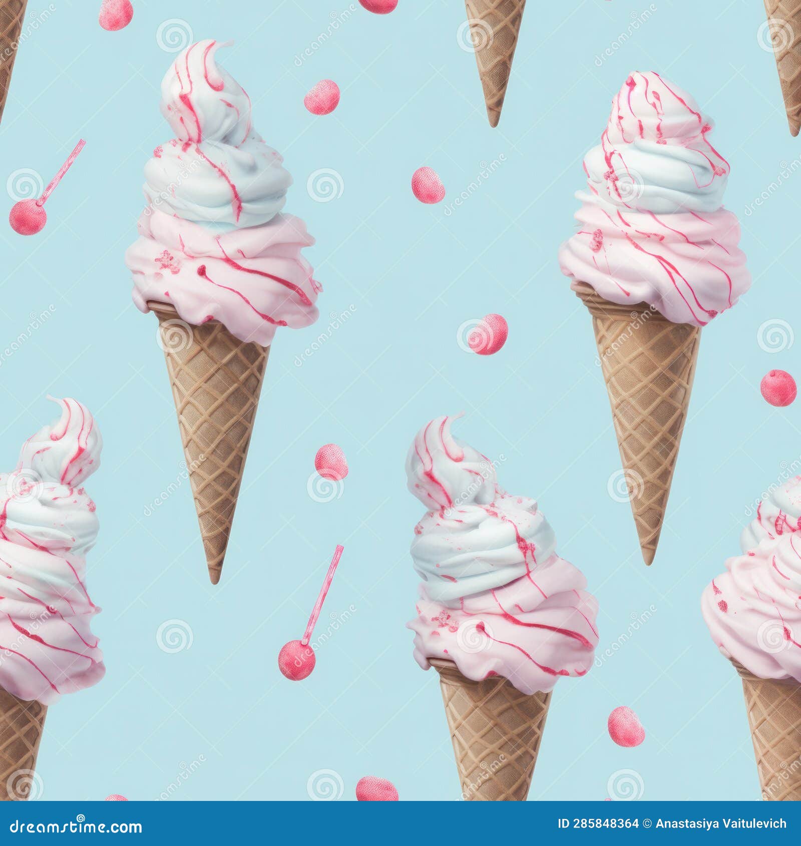 White and Pink Ice Cream on the Blue Background. Seamless Pattern Stock ...