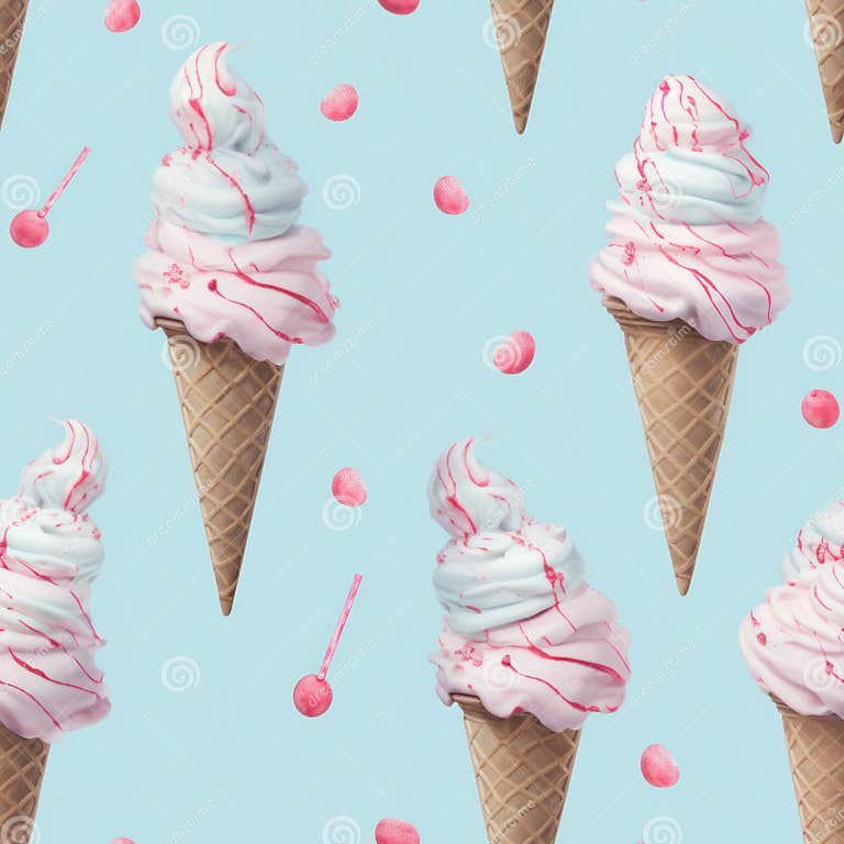 White and Pink Ice Cream on the Blue Background. Seamless Pattern Stock ...