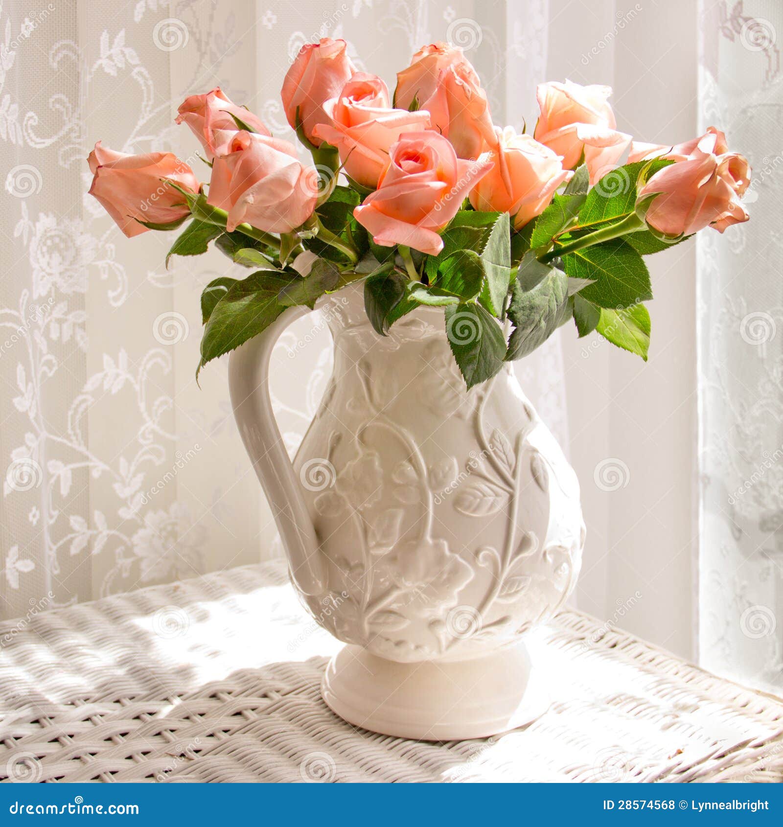 White Pitcher with Peach Roses Stock Photo - Image of lace, flowers ...