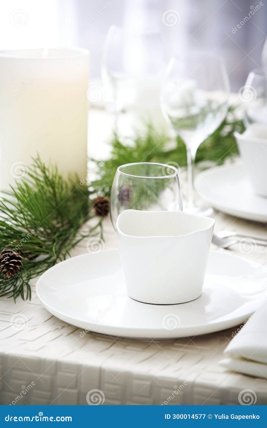 White Place Settings with Pine Boughs on Them Stock Image - Image of ...