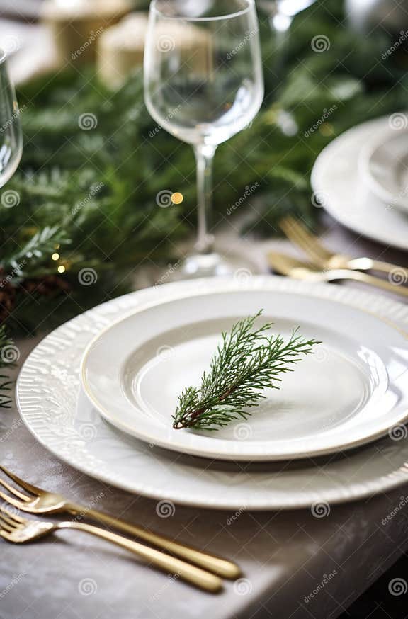 White Place Settings with Pine Boughs on Them Stock Image - Image of ...