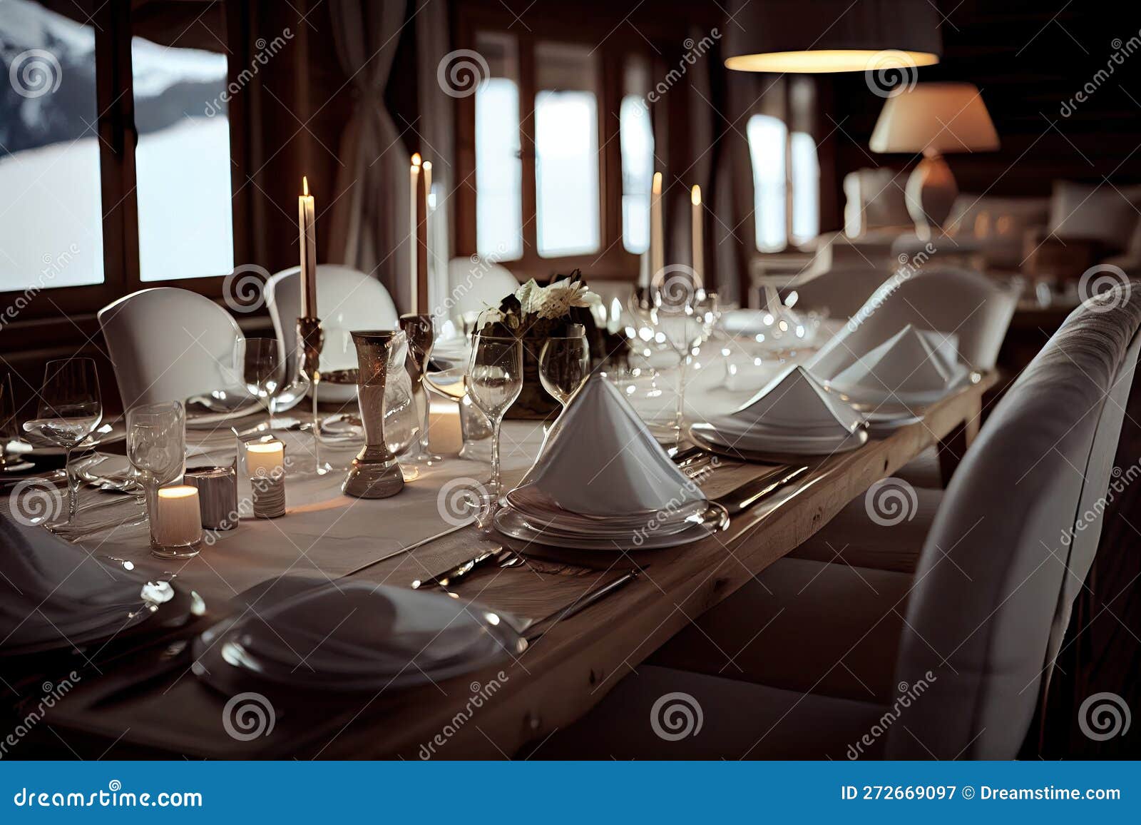 White Place Settings on Table at Dinner Big Dining Table on Chalet ...