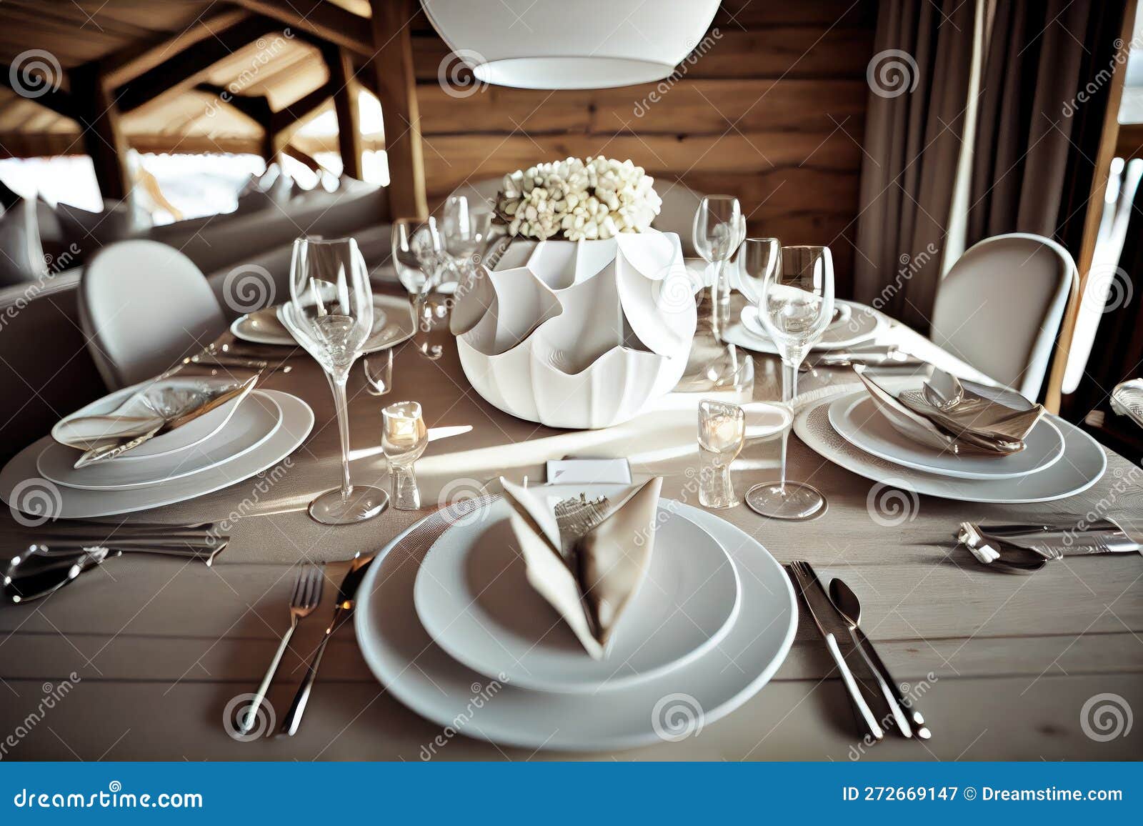 White Place Settings on Table at Dinner Big Dining Table on Chalet ...