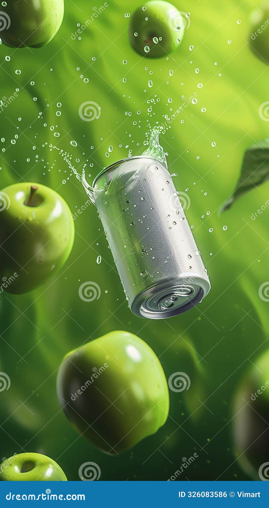 White Plain Soft-drink Can Floating With Green Apple, Leaves, Ice And ...