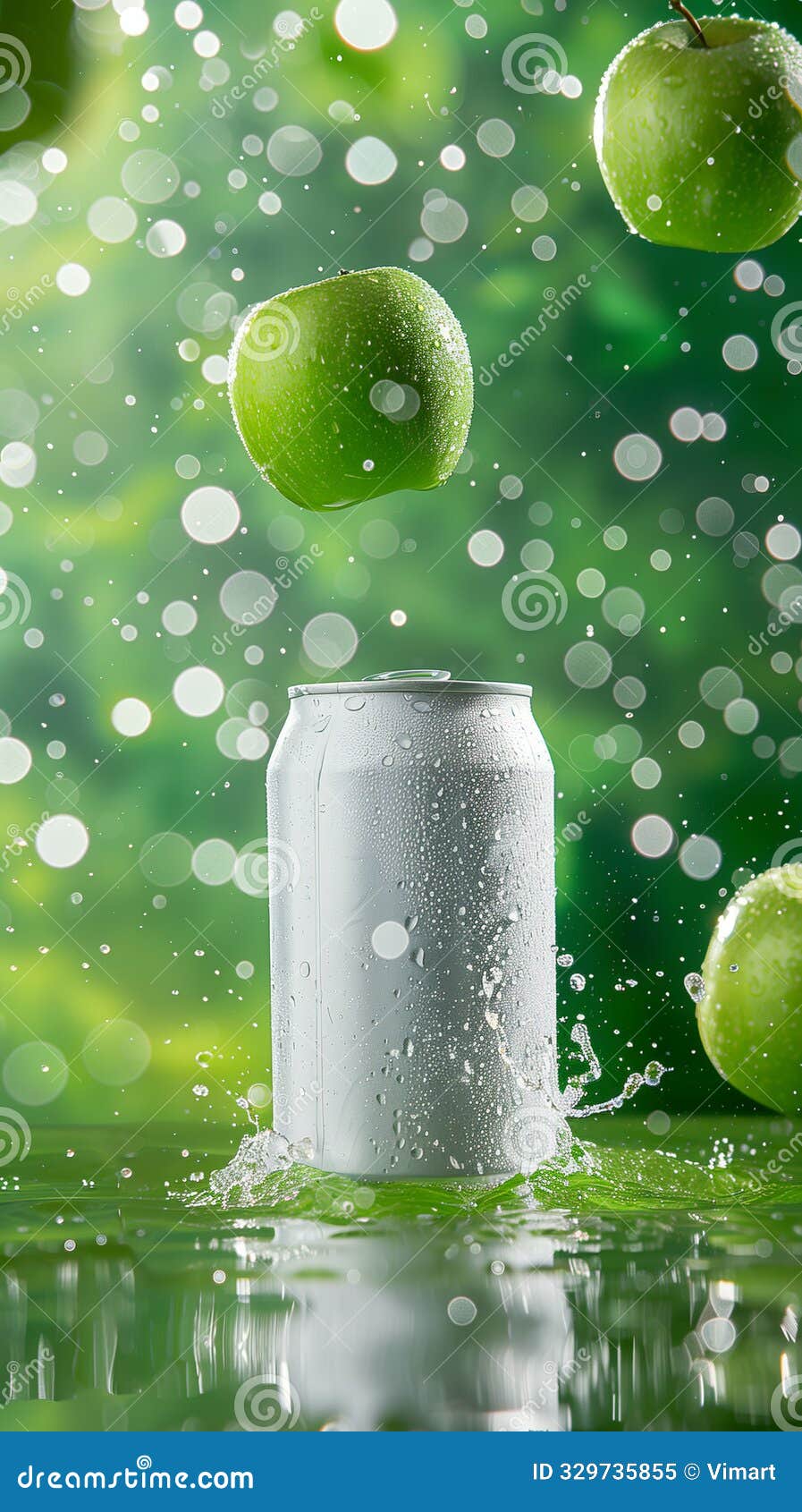 White Plain Soft-drink Can Floating With Green Apple, Leaves, Ice And ...