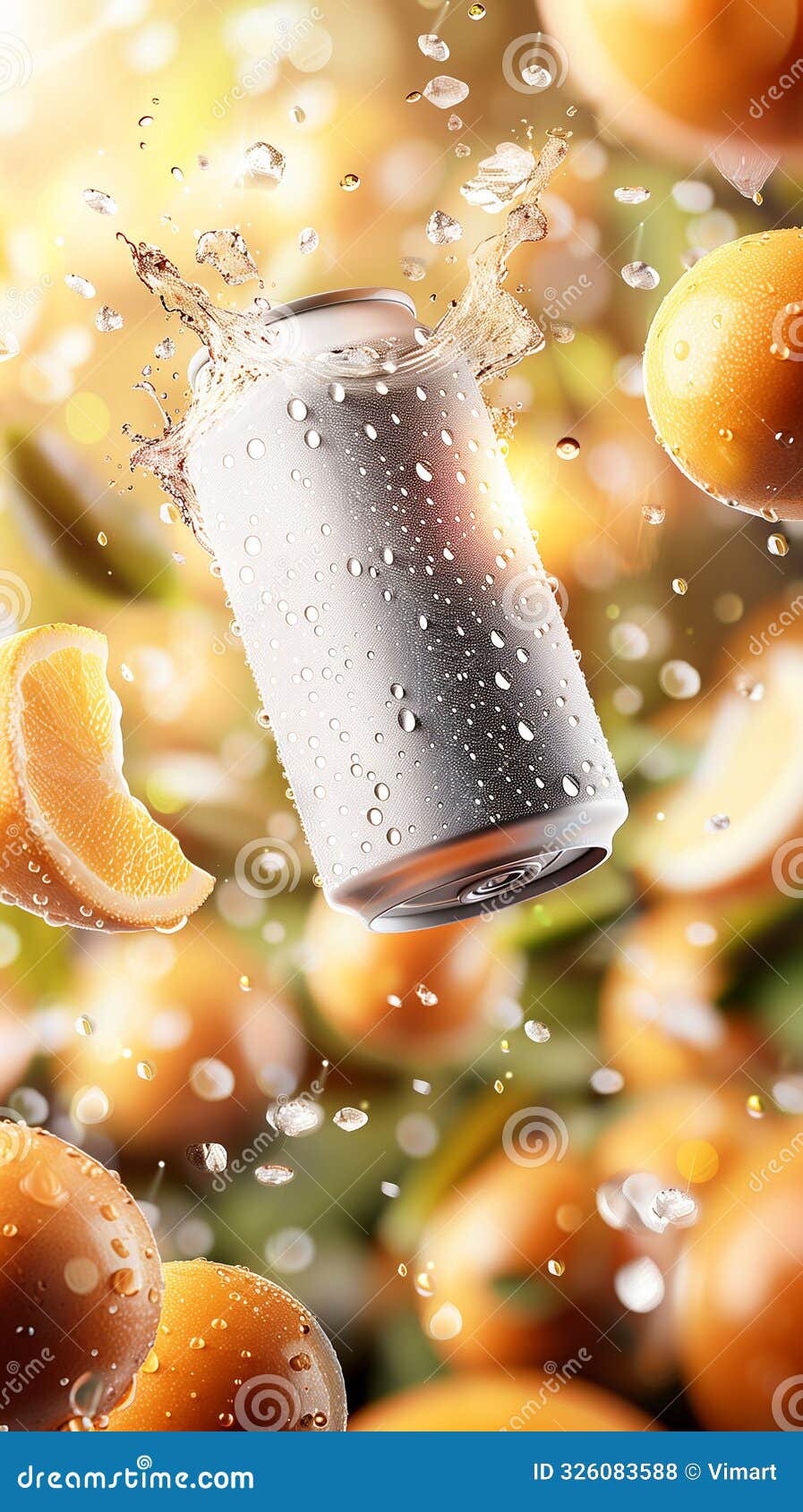 White Plain Soft-drink Can Floating with Lemons and Oranges, Leaves, Ice and Splash. Conept ...