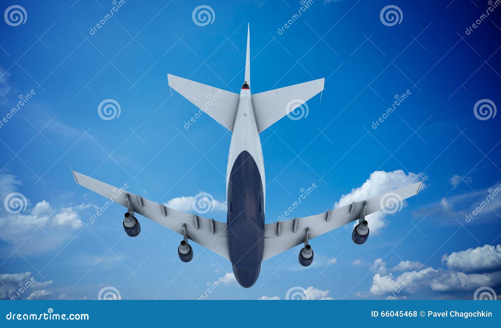 White Plane Flying in Sky and Clouds. Airplane Boeing 747 Stock Photo ...