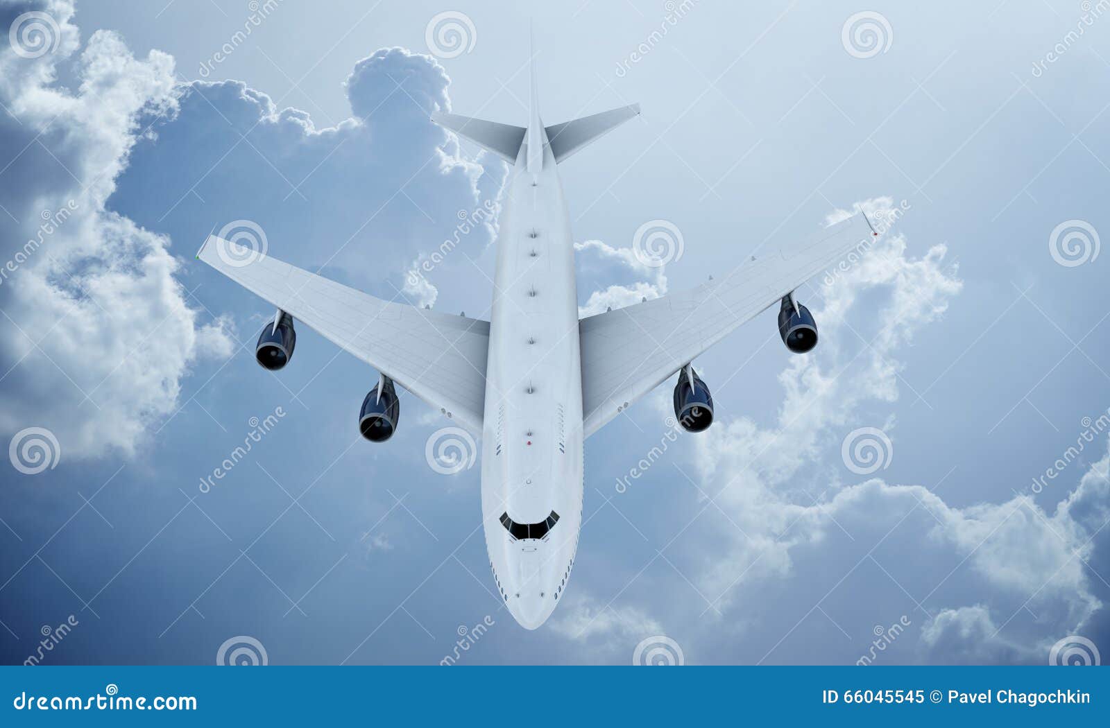 White Plane Flying in Sky and Clouds. Airplane Boeing 747 Stock Image ...