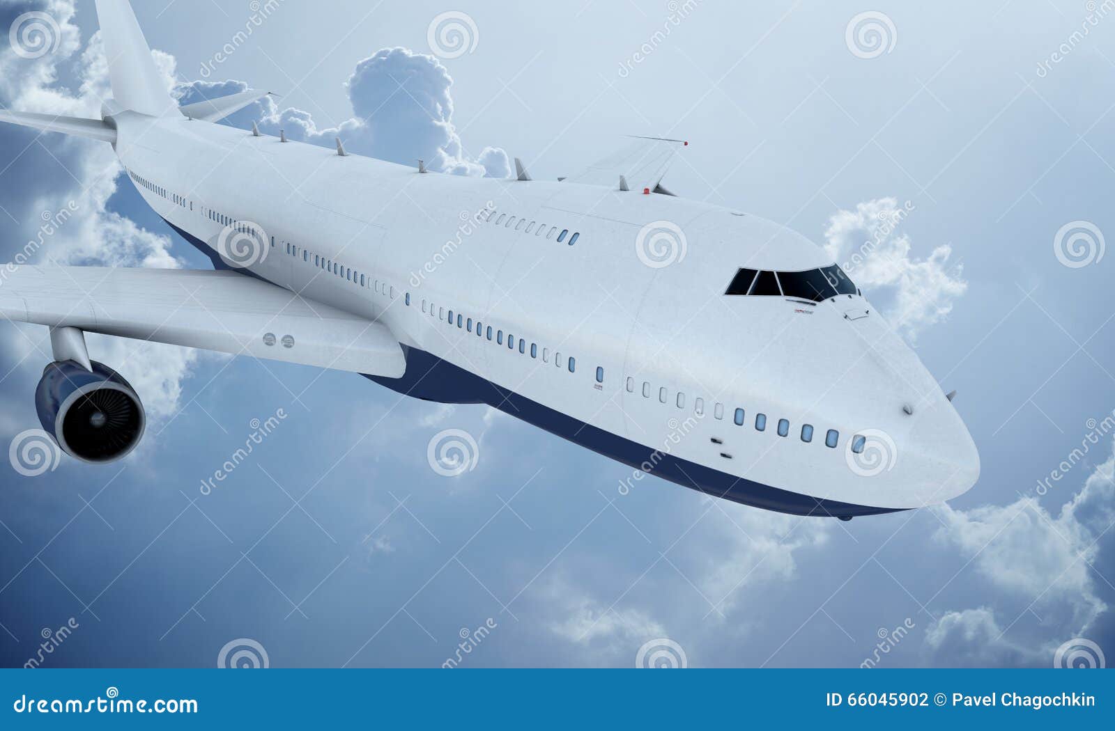 White Plane Flying in Sky and Clouds. Airplane Boeing 747 Stock Photo ...
