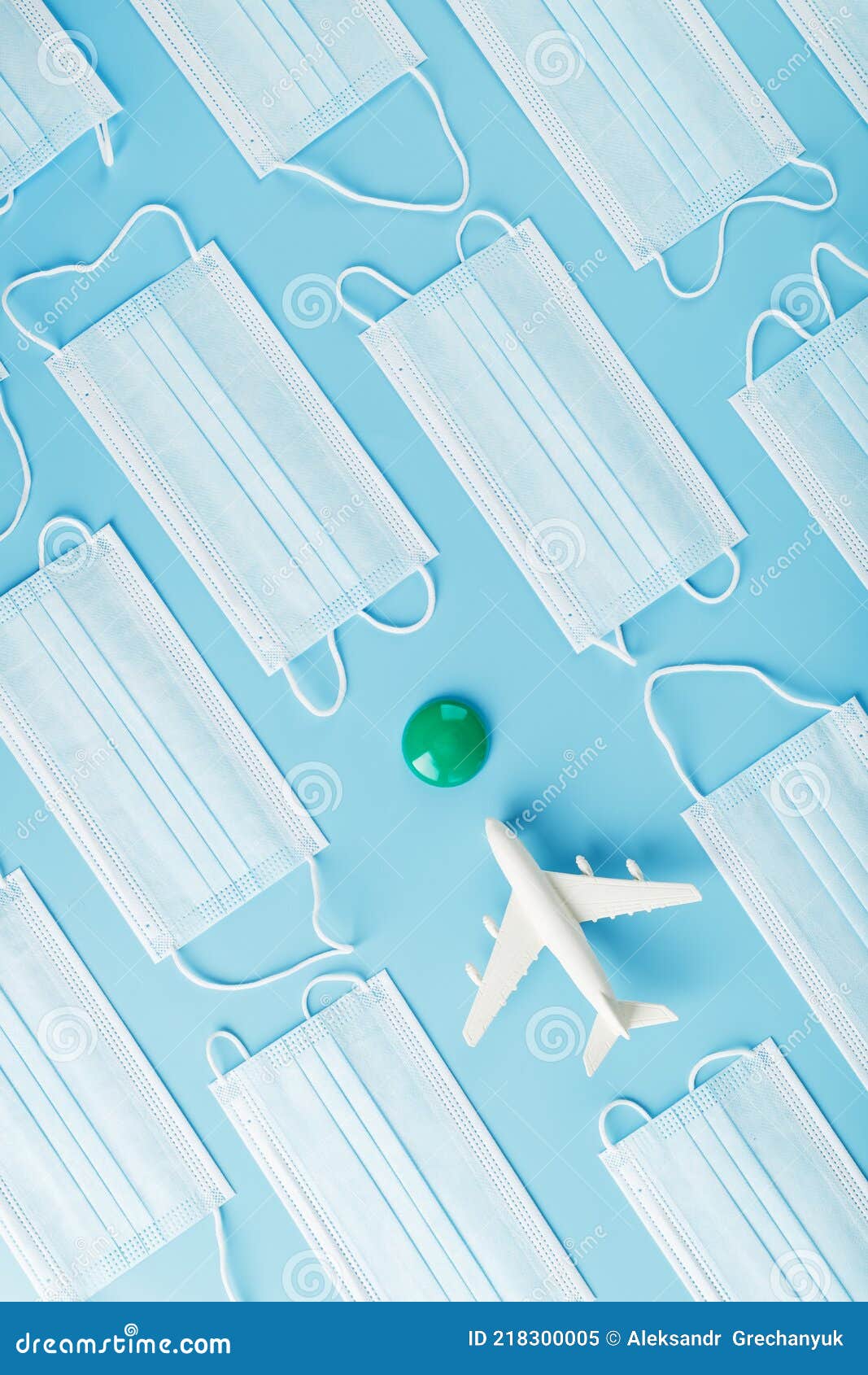 A White Plane Surrounded by Protective Masks on a Blue Background with ...