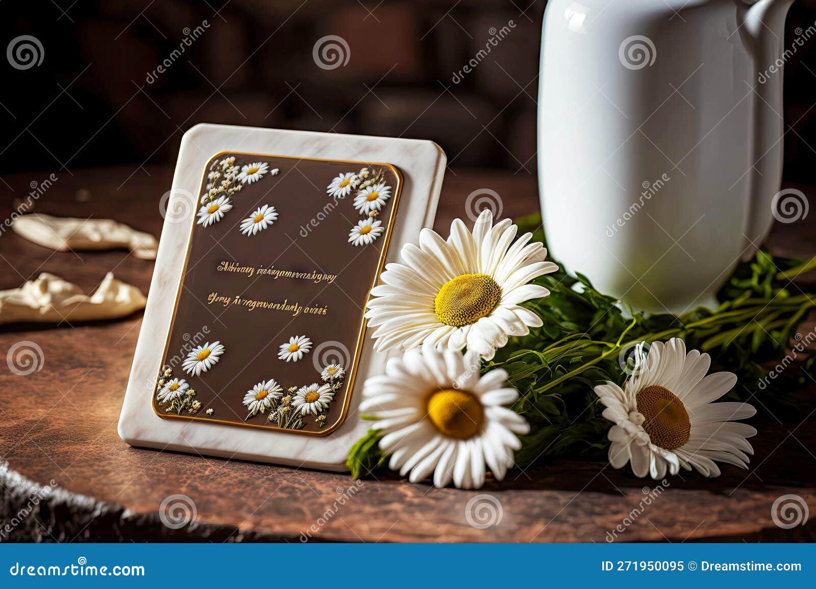 White Plaque for Inscriptions Lying on Table Surrounded by Chamomile ...