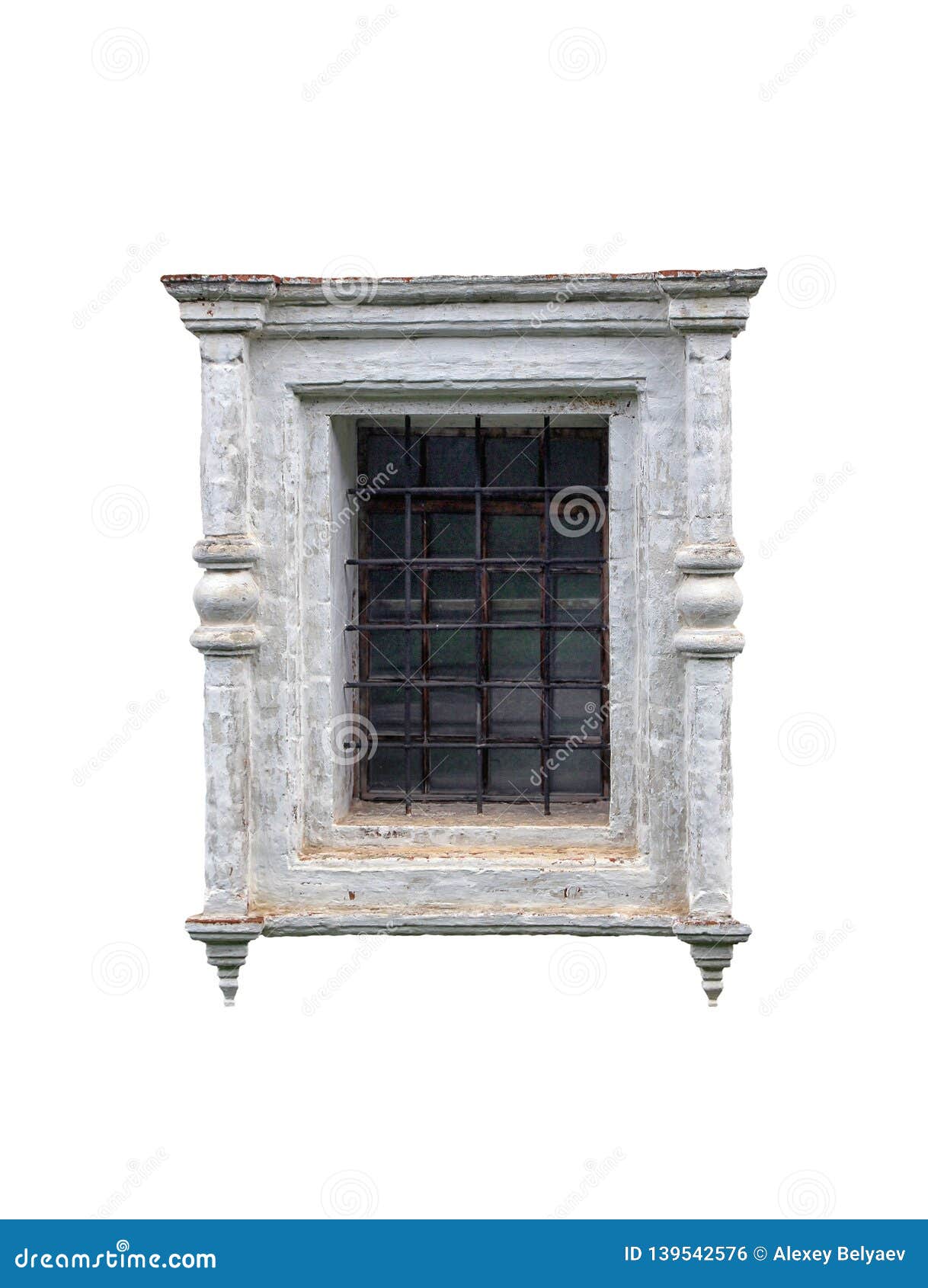 White Plaster Block Window Frame with Bars in Old Russian Style ...