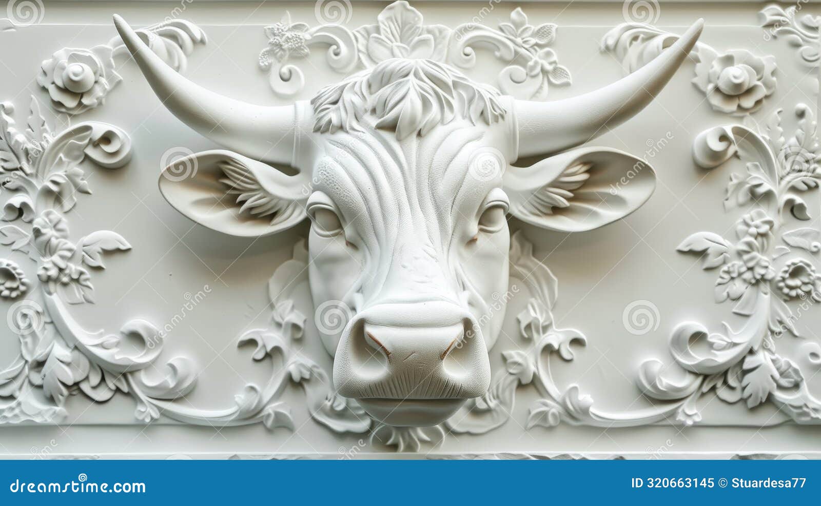 White Plaster Bull Head with Ornamental Surround Stock Illustration ...