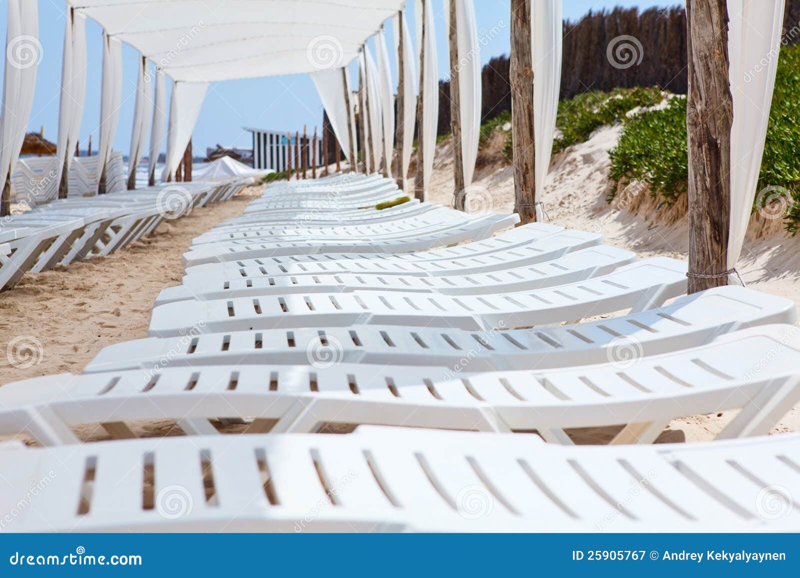 White Plastic Sunbeds on Sandy Beach Stock Image - Image of relaxation ...