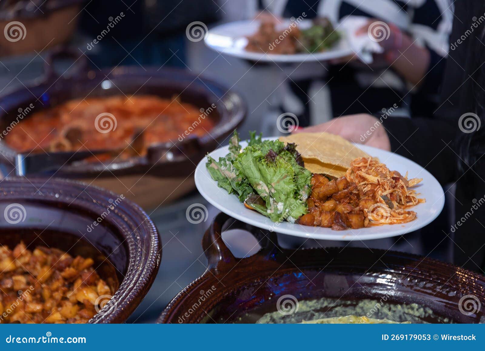 White Plate Full of Food in a Buffet of Mexican Food Stock Image ...